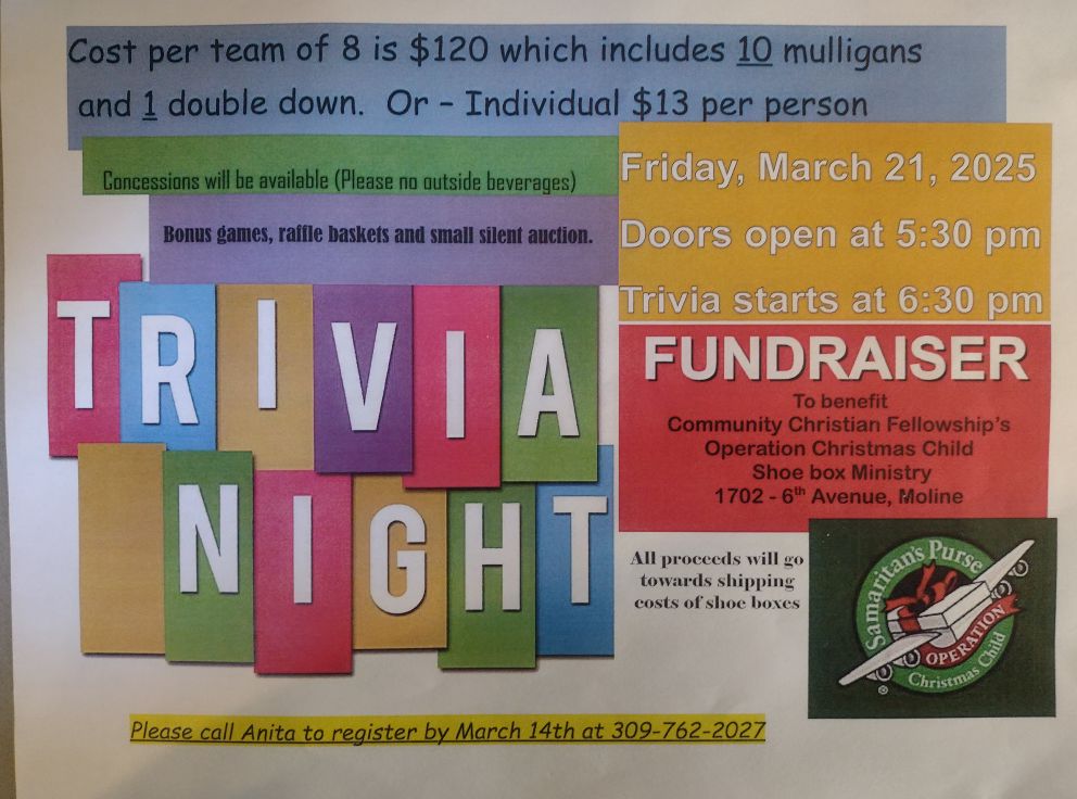 Community Christian Fellowship Hosting Trivia Night Fundraiser | Quad ...
